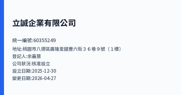 立誠企業有限公司的照片-統編 60355249(桃園市) 公司登記資料與營業項目詳細圖表