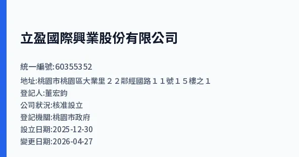 立盈國際興業股份有限公司的照片-統編 60355352(桃園市) 公司登記資料與營業項目詳細圖表