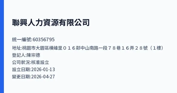 聯興人力資源有限公司的照片-統編 60356795(桃園市) 公司登記資料與營業項目詳細圖表