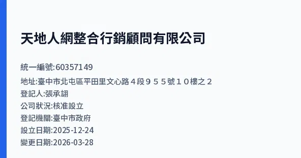 天地人網整合行銷顧問有限公司的照片-統編 60357149(臺中市) 公司登記資料與營業項目詳細圖表