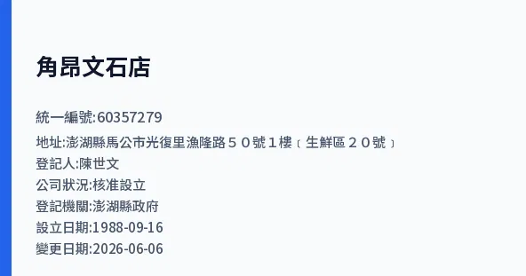 角昂文石店的照片-統編 60357279(澎湖縣) 公司登記資料與營業項目詳細圖表