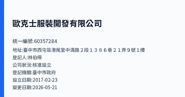 歐克士服裝開發有限公司的照片-統編 60357284(臺中市) 公司登記資料與營業項目詳細圖表