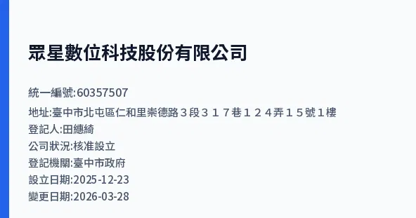眾星數位科技股份有限公司的照片-統編 60357507(臺中市) 公司登記資料與營業項目詳細圖表