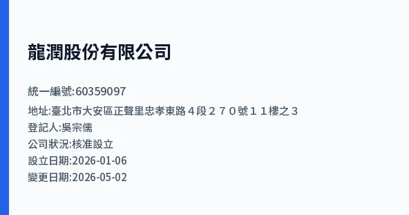 龍潤股份有限公司的照片-統編 60359097(臺北市) 公司登記資料與營業項目詳細圖表