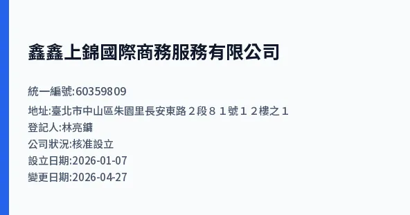鑫鑫上錦國際商務服務有限公司的照片-統編 60359809(臺北市) 公司登記資料與營業項目詳細圖表