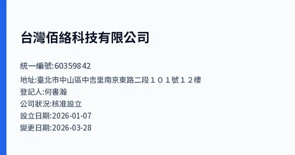 台灣佰絡科技有限公司的照片-統編 60359842(臺北市) 公司登記資料與營業項目詳細圖表