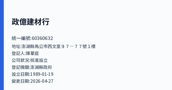 政億建材行的照片-統編 60360632(澎湖縣) 公司登記資料與營業項目詳細圖表