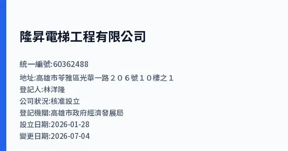 隆昇電梯工程有限公司的照片-統編 60362488(高雄市) 公司登記資料與營業項目詳細圖表