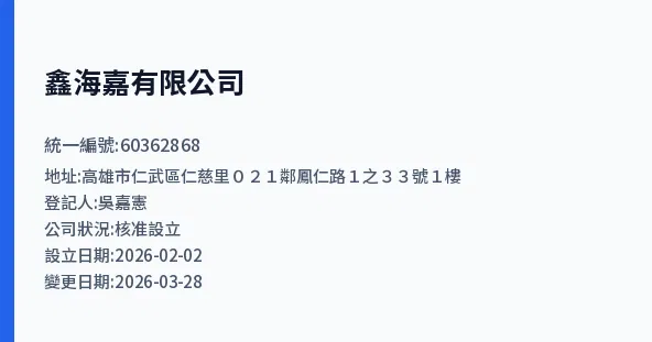 鑫海嘉有限公司的照片-統編 60362868(高雄市) 公司登記資料與營業項目詳細圖表