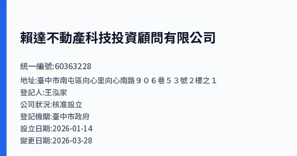 賴達不動產科技投資顧問有限公司的照片-統編 60363228(臺中市) 公司登記資料與營業項目詳細圖表