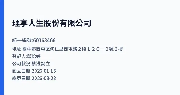 理享人生股份有限公司的照片-統編 60363466(臺中市) 公司登記資料與營業項目詳細圖表