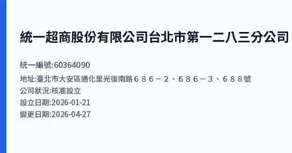 統一超商股份有限公司台北市第一二八三分公司的照片-統編 60364090(臺北市) 公司登記資料與營業項目詳細圖表