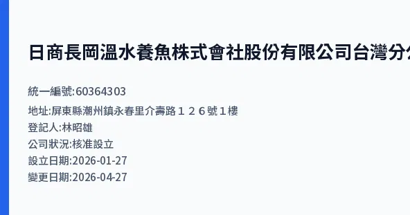 日商長岡溫水養魚株式會社股份有限公司台灣分公司的照片-統編 60364303(屏東縣) 公司登記資料與營業項目詳細圖表