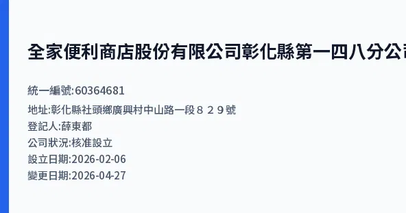 全家便利商店股份有限公司彰化縣第一四八分公司的照片-統編 60364681(彰化縣) 公司登記資料與營業項目詳細圖表