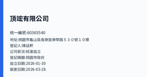 頂竤有限公司的照片-統編 60365540(桃園市) 公司登記資料與營業項目詳細圖表