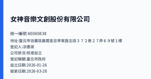 女神音樂文創股份有限公司的照片-統編 60365838(臺北市) 公司登記資料與營業項目詳細圖表