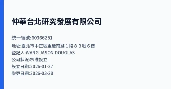 仲華台北研究發展有限公司的照片-統編 60366251(臺北市) 公司登記資料與營業項目詳細圖表