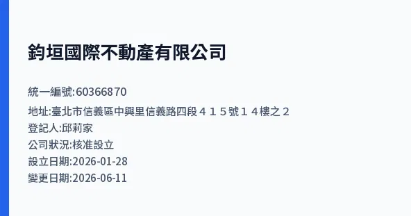 鈞垣國際不動產有限公司的照片-統編 60366870(臺北市) 公司登記資料與營業項目詳細圖表
