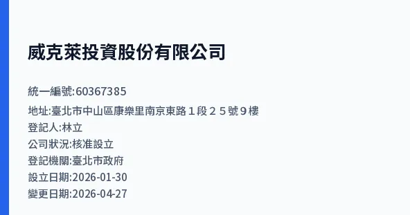 威克萊投資股份有限公司的照片-統編 60367385(臺北市) 公司登記資料與營業項目詳細圖表
