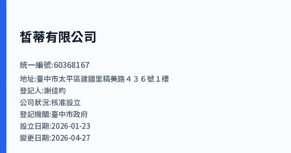 皙蒂有限公司的照片-統編 60368167(臺中市) 公司登記資料與營業項目詳細圖表