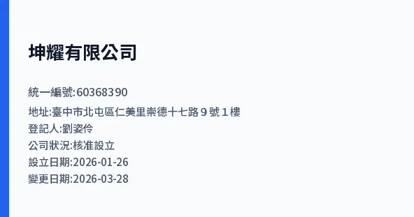 坤耀有限公司的照片-統編 60368390(臺中市) 公司登記資料與營業項目詳細圖表