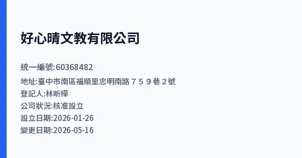 好心晴文教有限公司的照片-統編 60368482(臺中市) 公司登記資料與營業項目詳細圖表