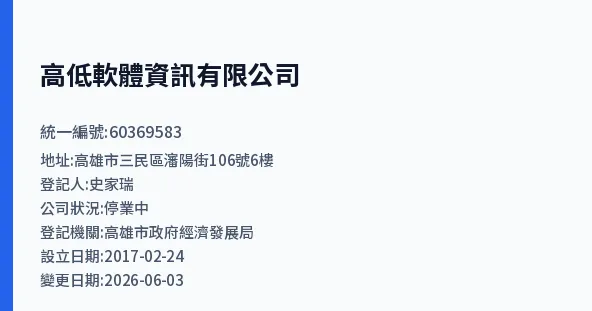 高低軟體資訊有限公司的照片-統編 60369583(高雄市) 公司登記資料與營業項目詳細圖表