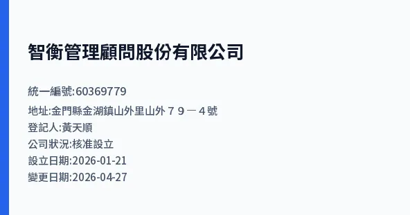 智衡管理顧問股份有限公司的照片-統編 60369779(金門縣) 公司登記資料與營業項目詳細圖表