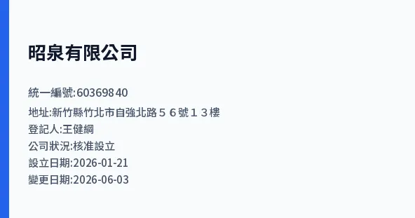 昭泉有限公司的照片-統編 60369840(新竹縣) 公司登記資料與營業項目詳細圖表