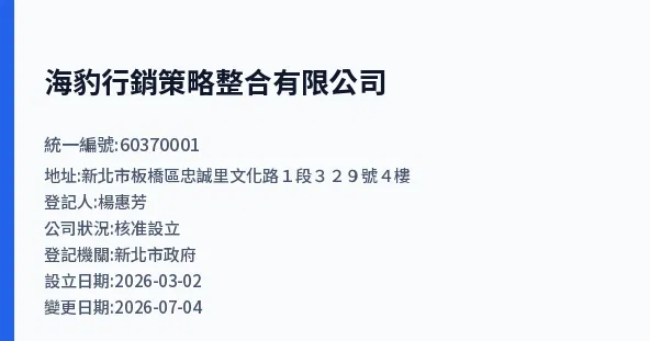 海豹行銷策略整合有限公司的照片-統編 60370001(新北市) 公司登記資料與營業項目詳細圖表