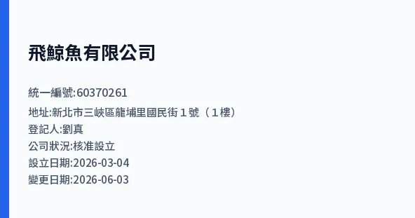 飛鯨魚有限公司的照片-統編 60370261(新北市) 公司登記資料與營業項目詳細圖表