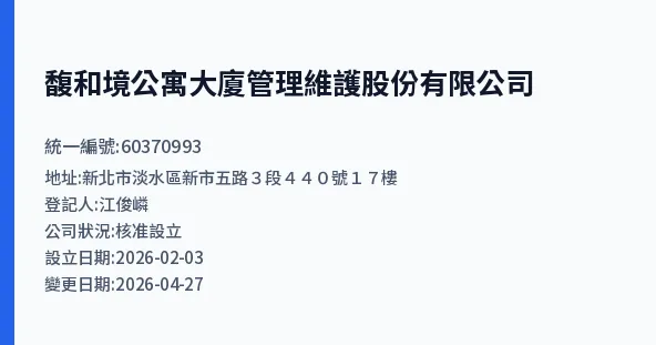馥和境公寓大廈管理維護股份有限公司的照片-統編 60370993(新北市) 公司登記資料與營業項目詳細圖表