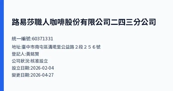 路易莎職人咖啡股份有限公司二四三分公司的照片-統編 60371331(臺中市) 公司登記資料與營業項目詳細圖表