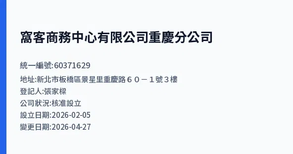 窩客商務中心有限公司重慶分公司的照片-統編 60371629(新北市) 公司登記資料與營業項目詳細圖表