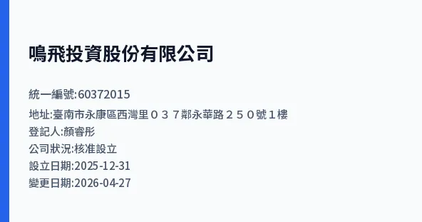 鳴飛投資股份有限公司的照片-統編 60372015(臺南市) 公司登記資料與營業項目詳細圖表