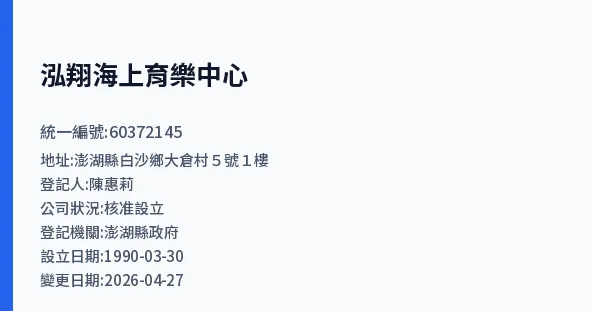 泓翔海上育樂中心的照片-統編 60372145(澎湖縣) 公司登記資料與營業項目詳細圖表