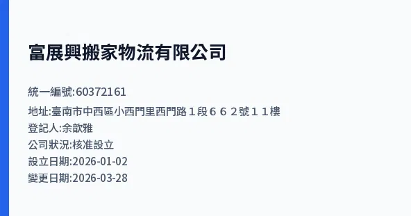 富展興搬家物流有限公司的照片-統編 60372161(臺南市) 公司登記資料與營業項目詳細圖表