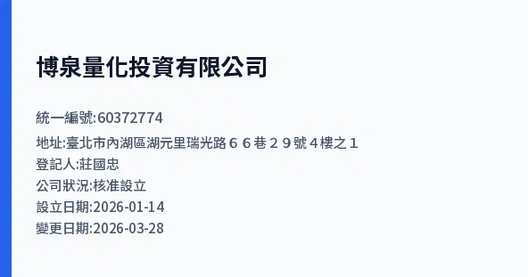 博泉量化投資有限公司的照片-統編 60372774(臺北市) 公司登記資料與營業項目詳細圖表