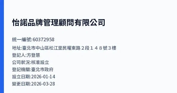 怡諾品牌管理顧問有限公司的照片-統編 60372958(臺北市) 公司登記資料與營業項目詳細圖表
