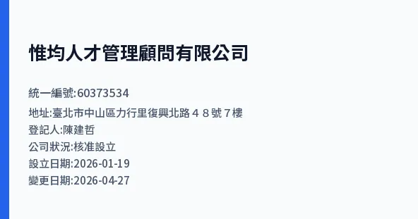 惟均人才管理顧問有限公司的照片-統編 60373534(臺北市) 公司登記資料與營業項目詳細圖表