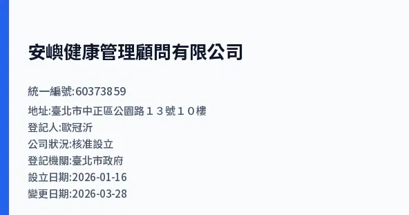 安嶼健康管理顧問有限公司的照片-統編 60373859(臺北市) 公司登記資料與營業項目詳細圖表