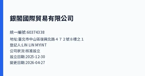 銀閣國際貿易有限公司的照片-統編 60374338(臺北市) 公司登記資料與營業項目詳細圖表