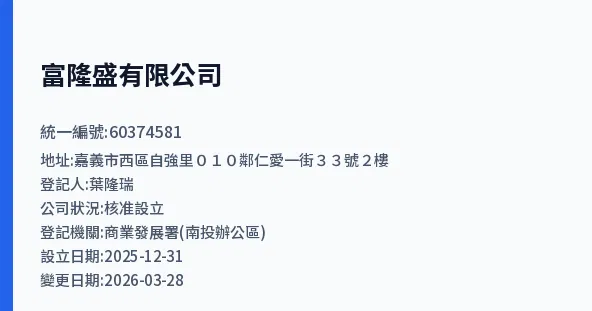 富隆盛有限公司的照片-統編 60374581(嘉義市) 公司登記資料與營業項目詳細圖表
