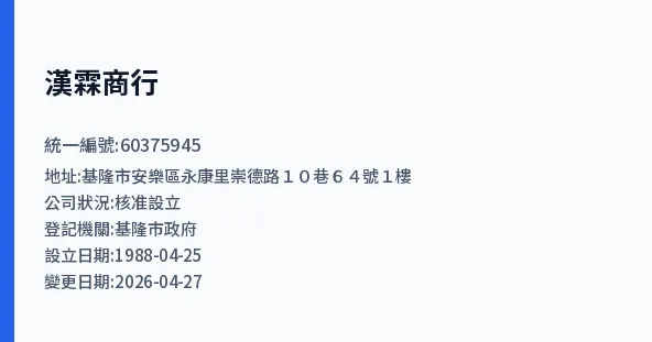 漢霖商行的照片-統編 60375945(基隆市) 公司登記資料與營業項目詳細圖表