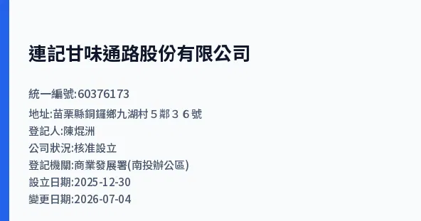 連記甘味通路股份有限公司的照片-統編 60376173(苗栗縣) 公司登記資料與營業項目詳細圖表