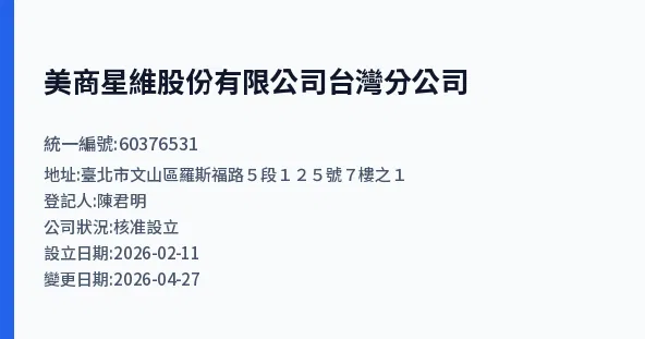 美商星維股份有限公司台灣分公司的照片-統編 60376531(臺北市) 公司登記資料與營業項目詳細圖表