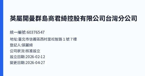 英屬開曼群島商君綺控股有限公司台灣分公司的照片-統編 60376547(臺北市) 公司登記資料與營業項目詳細圖表