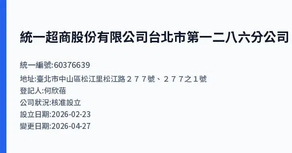 統一超商股份有限公司台北市第一二八六分公司的照片-統編 60376639(臺北市) 公司登記資料與營業項目詳細圖表