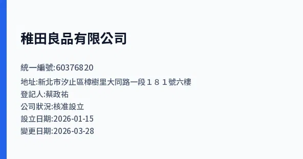 稚田良品有限公司的照片-統編 60376820(新北市) 公司登記資料與營業項目詳細圖表