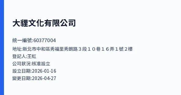 大貍文化有限公司的照片-統編 60377004(新北市) 公司登記資料與營業項目詳細圖表